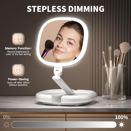 Beautifive Makeup Mirror with Light and Magnification, 10X/1X Light Up Makeup Mirror Travel Lighted Make Up Mirror with Adjustable Height Double Sides Folding Magnifying Mirror with Light