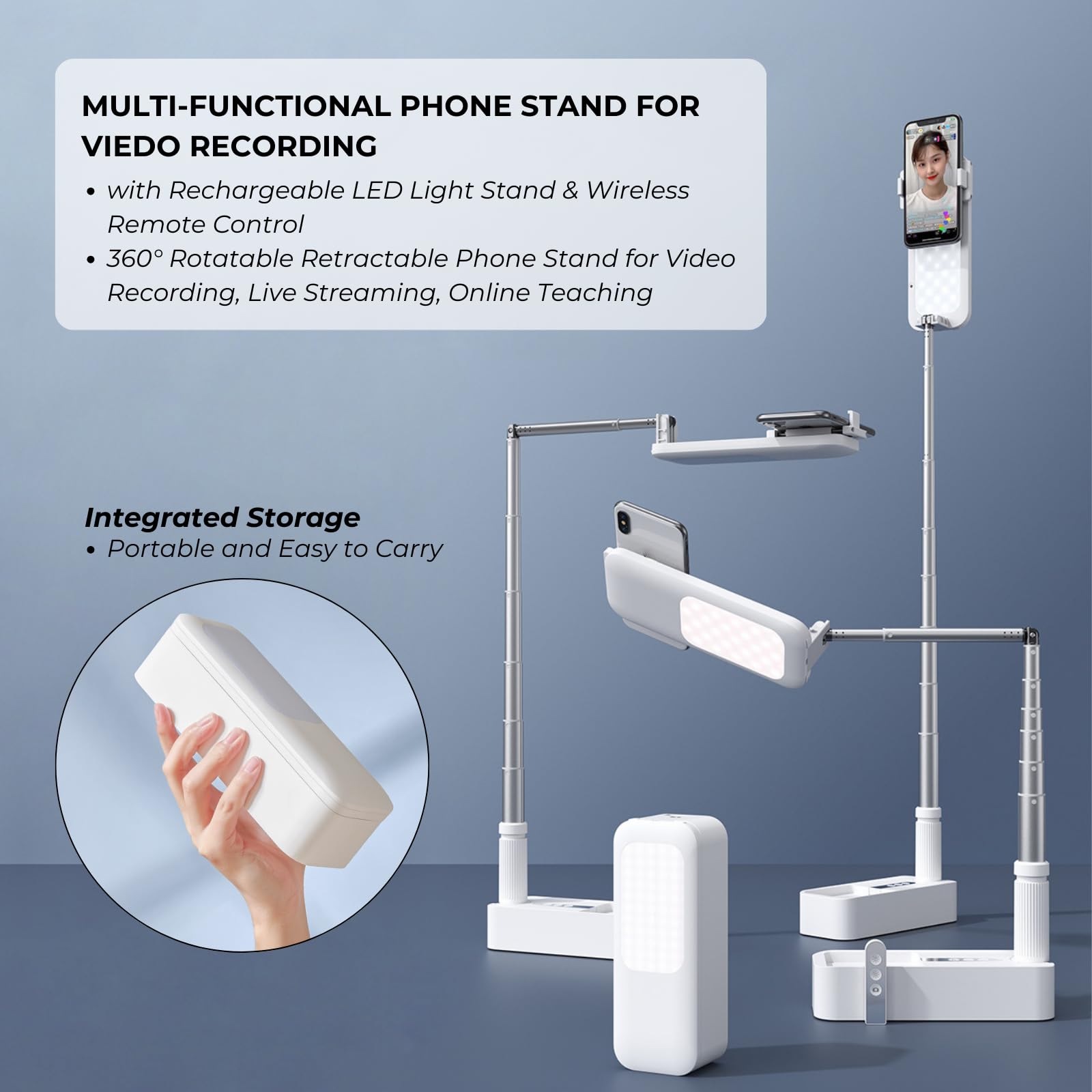 beyonday Foldable Phone Holder for Recording, Selfie Stand with Rechargeable LED Light&Wireless Remote Control 360° Rotatable Retractable Phone Stand for Video Recording/Live Streaming/Online Teaching