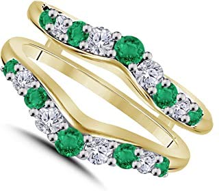 14K Yellow Gold Finish Diamond & Green Emerald Solitaire Ring Guard Wrap DZLR13_7.5