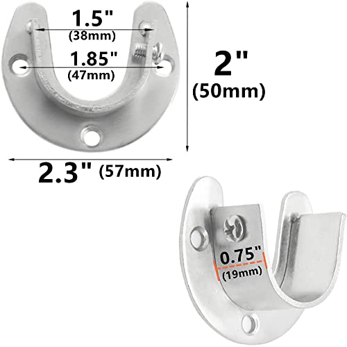 2Pcs 1-1/4" (32mm) Closet Rod Bracket with Screws, Stainless Steel U-Shaped Closet Rod End Support Flange Rod Holder, Silver