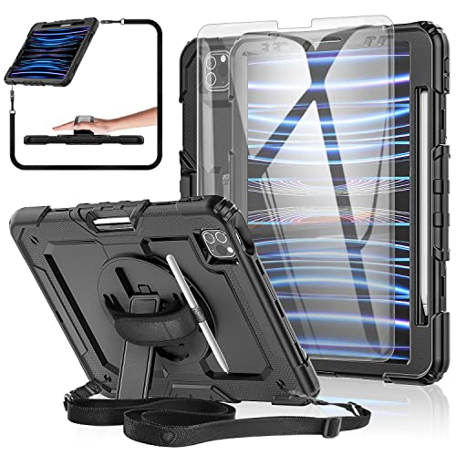 iPad Pro 11 Case, iPad Air 5th/4th Gen Case 2022/2020 with [Tempered Glass Screen Protector], [Kid Proof] BASE MALL Tablet Protective Case, Pencil Holder,Rotating Kickstand,Hand/Shoulder Strap (Black)