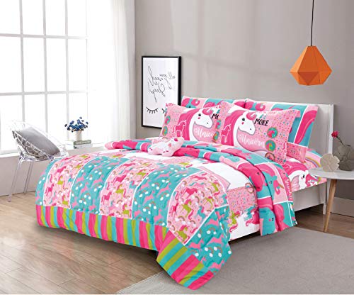 Sapphire Home 4pc Full Size Kids Girls Teens Comforter Set w/2 Shams & Decorative Toy Pillow, Unicorn Rainbows Hot Pink Girls Kids Comforter Bedding Set, (4pc Comf, F, Unicorn)