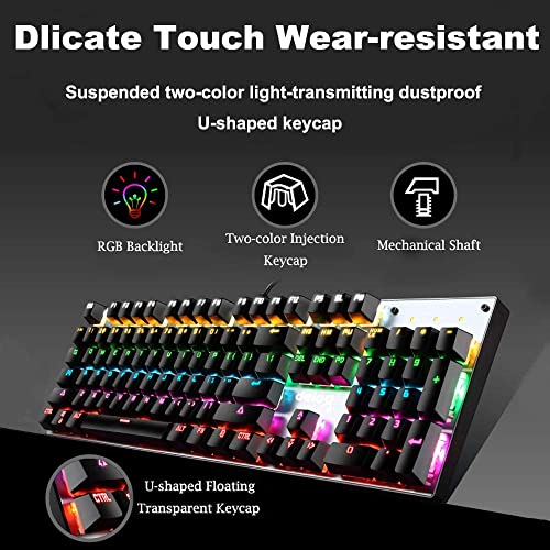 Wired Mechanical Gaming Keyboard Blue Switch 104 Keys RGB Rainbow LED 9 Backlight Modes Full Anti-ghosting Metal Panel Waterproof Ergonomic Key Layout USB for Gamers Typists(Black)