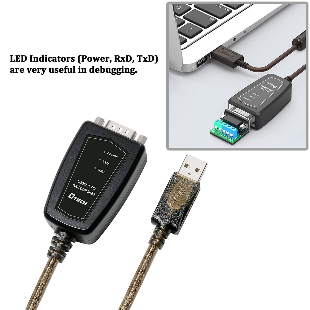 DTECH USB to RS485 Adapter RS422 Serial Port Cable with CP2102 Chip Terminal Board LED Lights Ferrite Core for Windows 11 10 8 7 XP Mac (5 Feet)