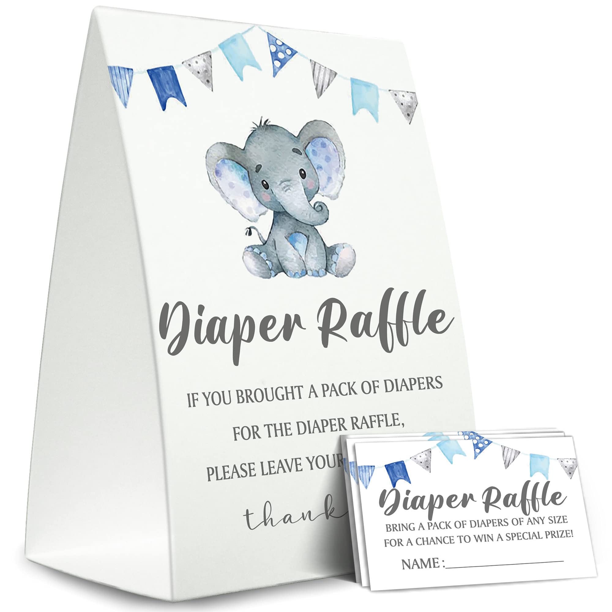 Tesedupoole Diaper Raffle Sign, Baby Shower Game Kit, 50 Guessing Cards, Elephant Bunting Raffle Insert Ticket, Decorations