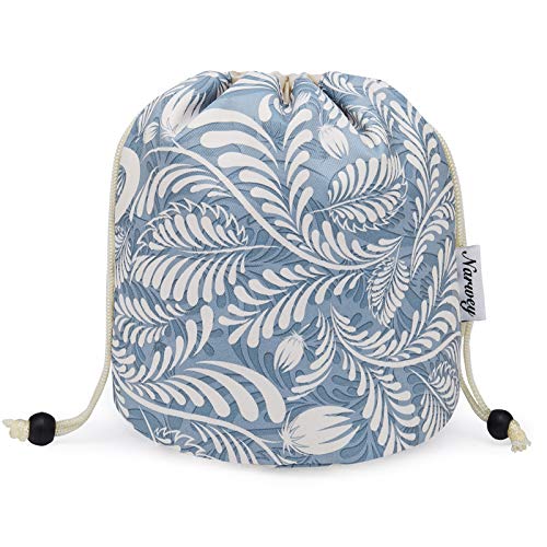 Barrel Drawstring Makeup Bag Travel Cosmetic Bag Large Toiletry Organizer Waterproof for Women (Large, Blue Leaf)