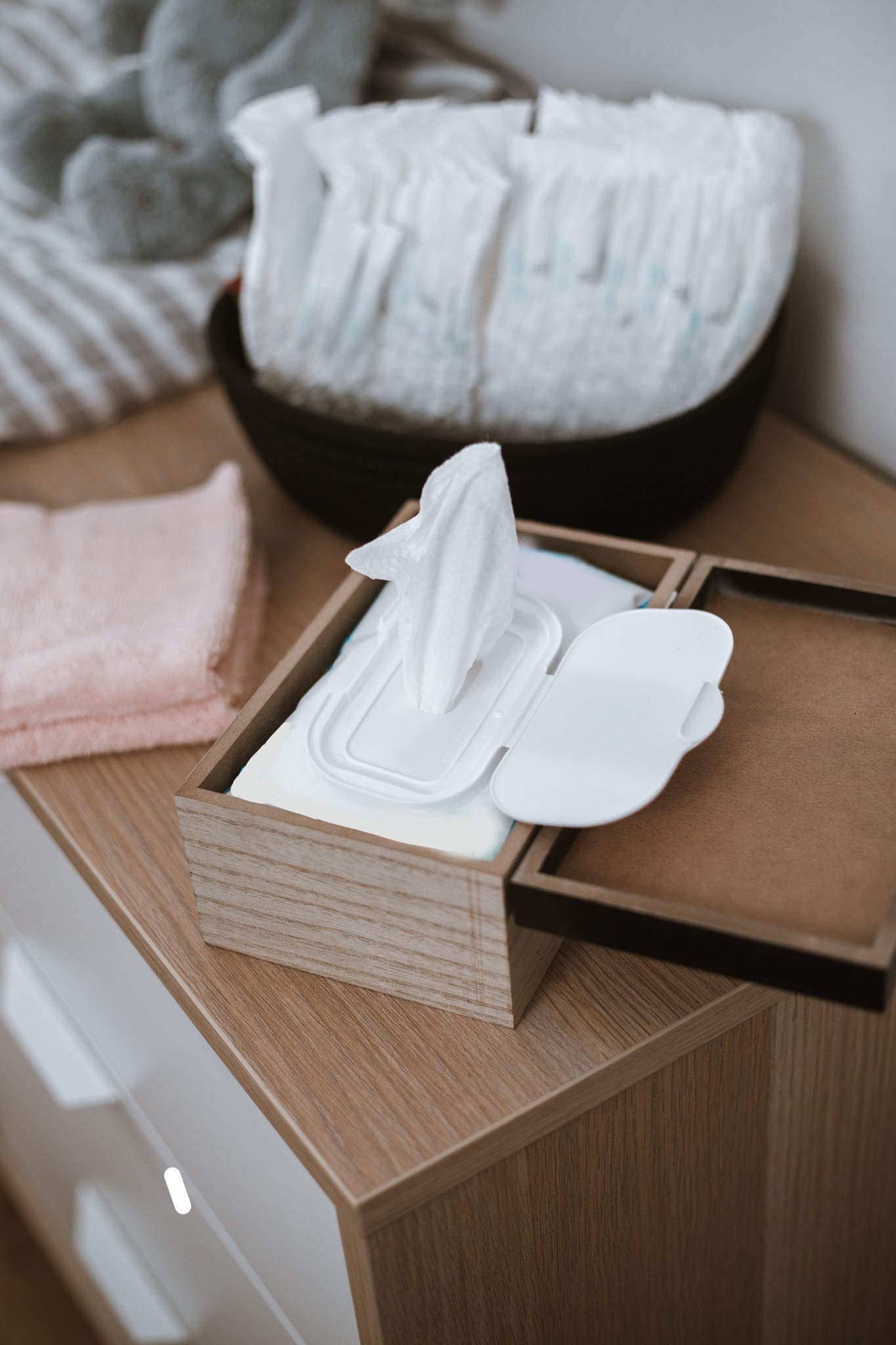 Bathroom Flushable Wipes Dispenser Decorative Wooden (MDF) Box Container to Conceal Diaper or Flushable Wipes 19cm x 12cm x 9cm Beige and Black