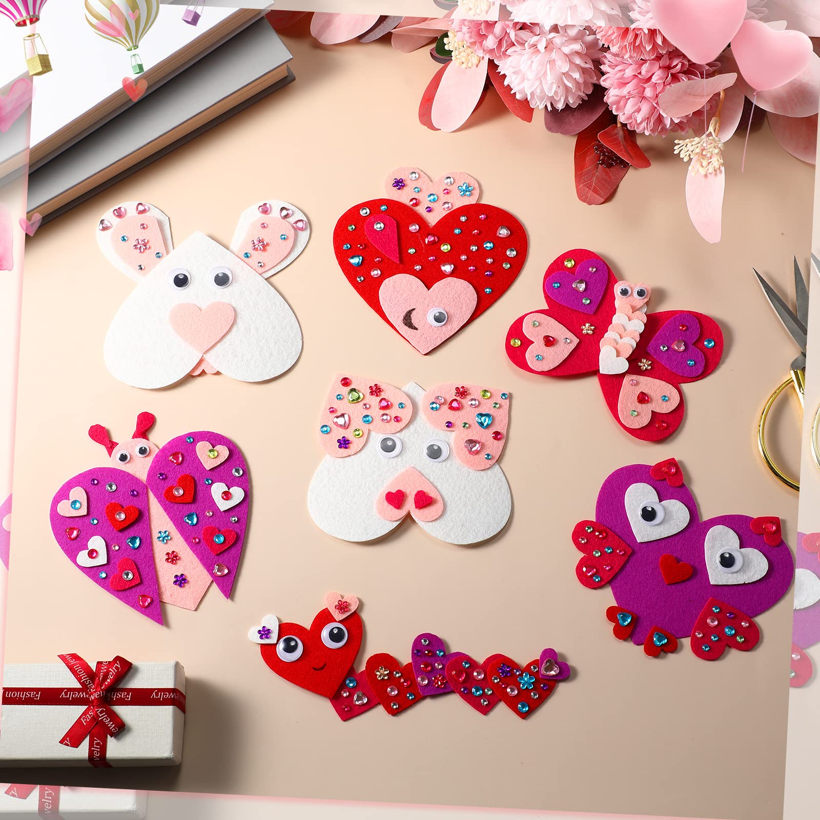 560 Pieces Valentine's Day DIY Craft Kit Felt Heart Animals Art Craft Set with Googly Eyes Gem Sticker for Kid Valentines Game Activity Party Supplies