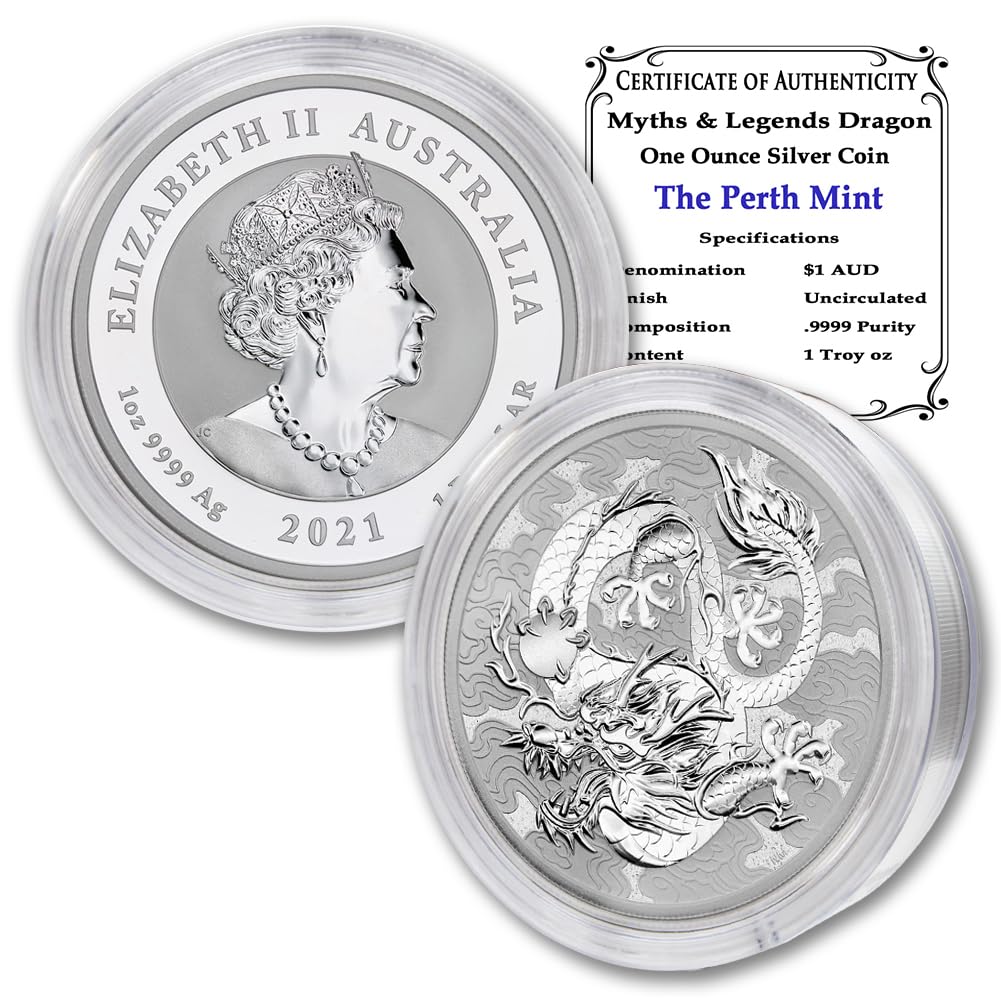 2021 P 1 oz Australian Silver Myths & Legends Dragon Coin Brilliant Uncirculated (BU - in Capsule) with Certificate of Authenticity $1 Seller Mint State