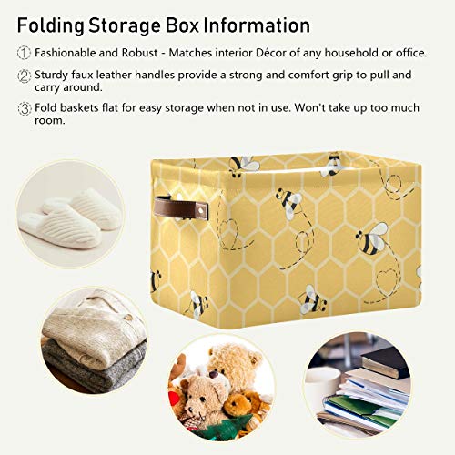 AUUXVA Collapsible Storage Bin Cube Yellow Honey Bees Pattern Laundry Basket Hamper Toy Cloth Organization Bag with Handle for Pantry Nursery Home Office Shelve,1 PC