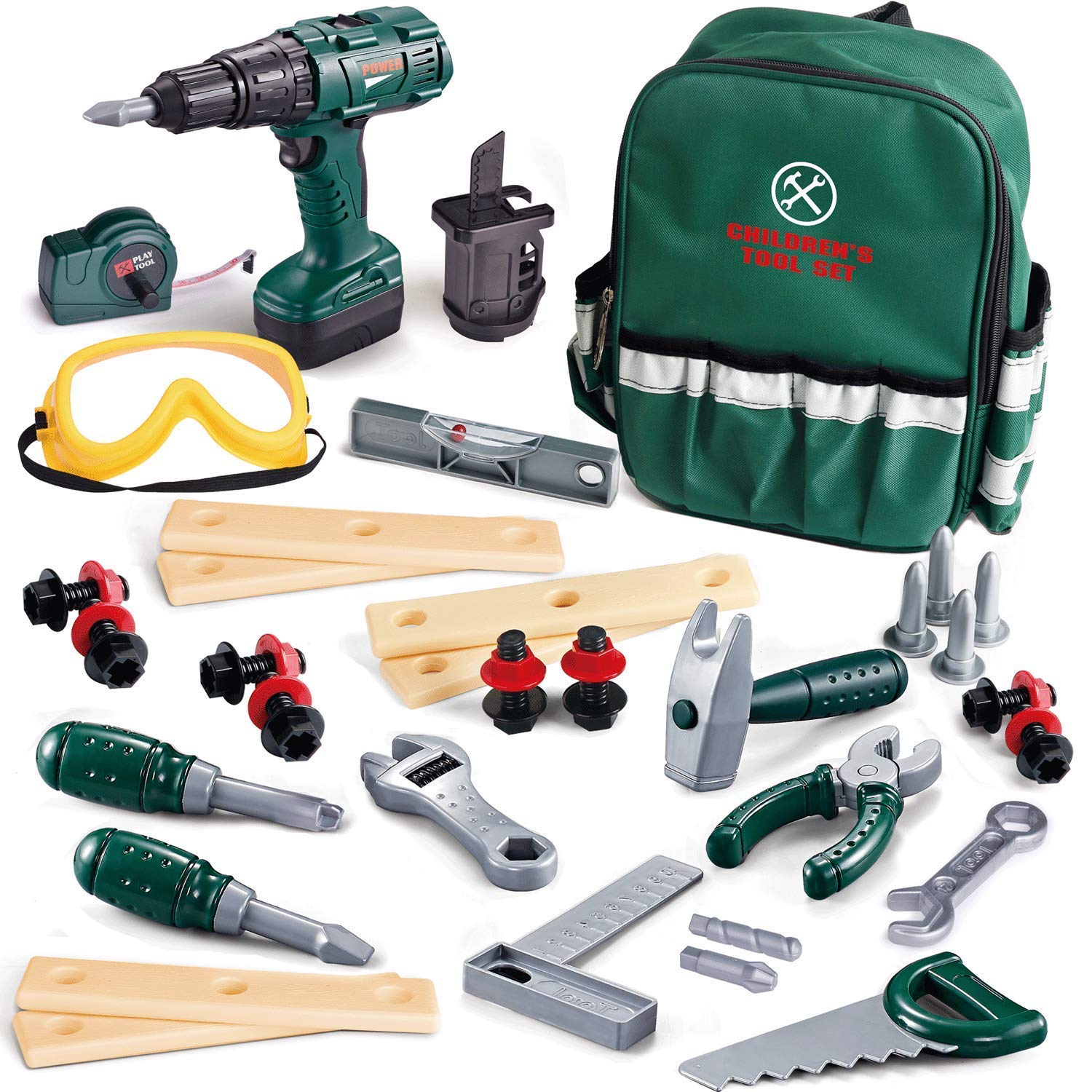 35PCS Kids Tool Set, Including Electronic Cordless Drill, Pretend Play Toy Tool Accessories and a Sturdy Tool Bag
