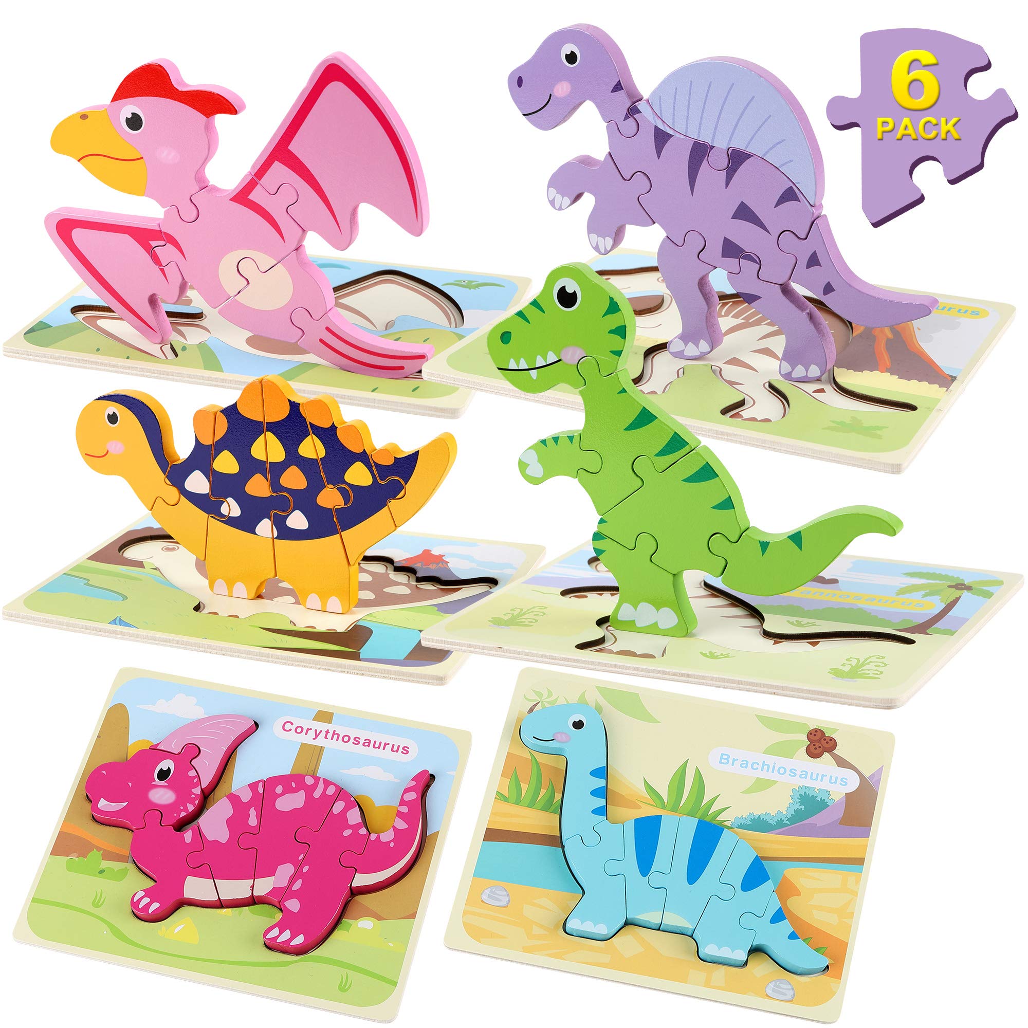 6 Pieces Set of Wooden Dinosaur Puzzles for Children 1-5 Years Old, Wooden Puzzles for Montessori Learning for Toddlers, Preschool Educational Toys, 3D Dinosaur Puzzles for Boys and Girls Gift