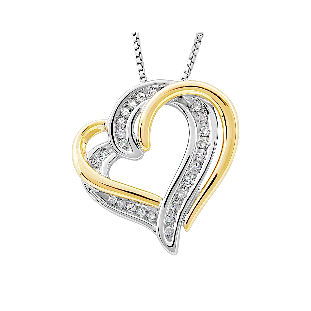 10k Solid Yellow Gold and Sterling Silver Diamond Double Heart Pendant Necklace 1/10 cttw Natural Diamonds - 18 Inch Box Chain