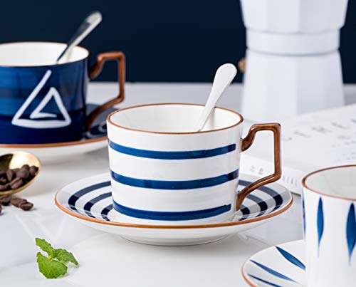 Jusalpha Japanese style hand printed- 7oz Fine China Tea Cup/Coffee Cup With Spoon and Tray/Saucer Set, Tableware, Serve of 4, TCS25
