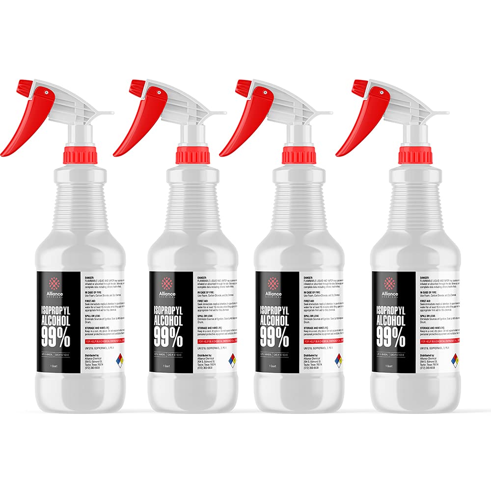 Isopropyl Alcohol 99% - 4 x 1 Quart Spray Bottles - High-Purity Concentrated Rubbing Alcohol for Effective Cleaning - Quick-Drying, Domestically Sourced IPA