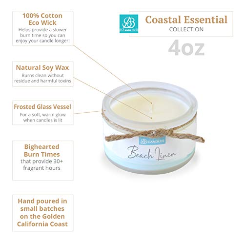 BB Candles Coastal Essentials Natural Soy Hand Poured Candle, Beach Linen Scent, Fragrant Coastal Candle with Strong Scents, Artisan Candle, 4oz, 30+ Hours Burn Time