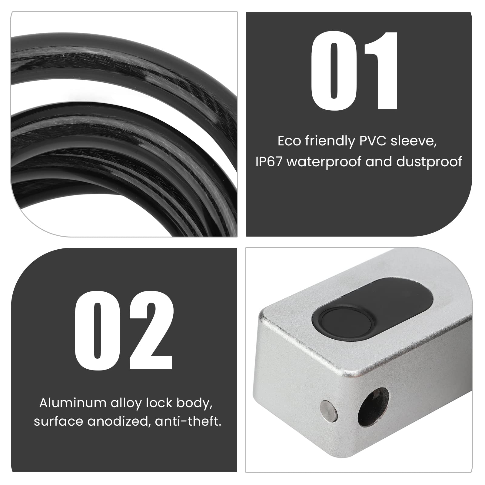 1M Fingerprint Bike Lock Cable, Waterproof Anti-Theft Keyless Bicycle Chain Lock with USB for Outdoor Use