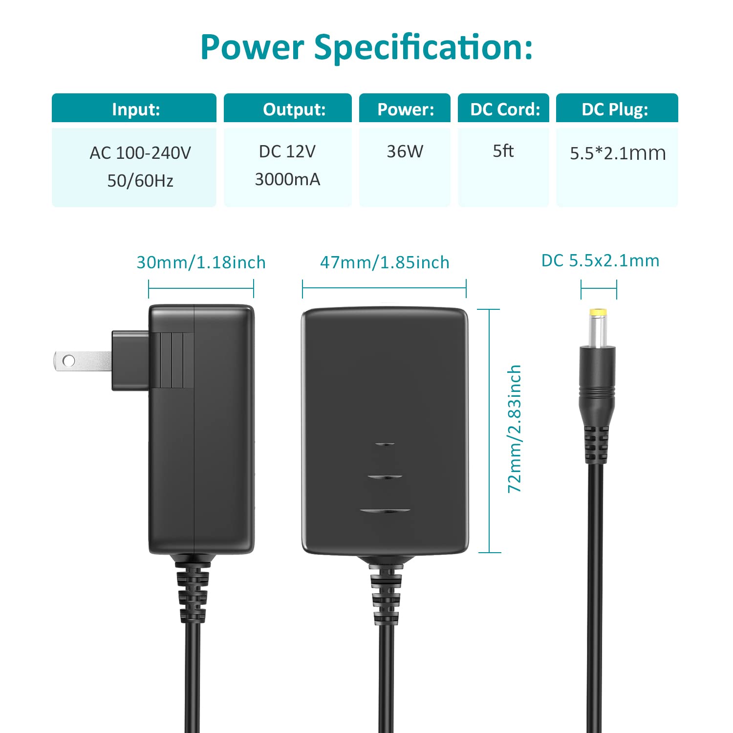 Basicvolt 12V 3A AC/DC Adapter Universal Power Supply with 10 DC Plugs, Regulated 12Volts 3000mA Power Adapter for LED Strip Light, CCTV Camera, BT Speaker, Router, DC12V Transformer