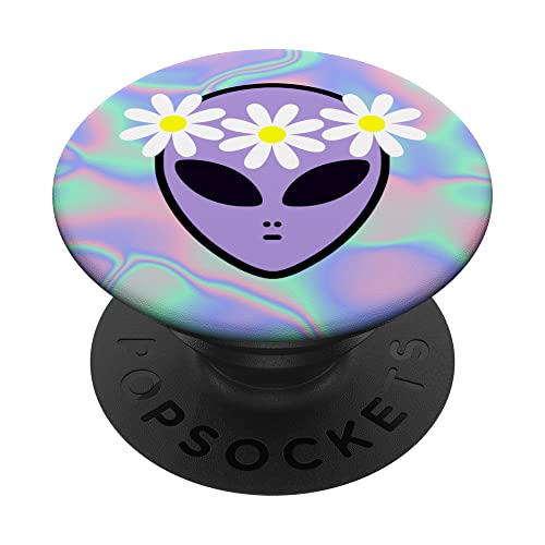 Cute Alien Face Head Hippie Flower Crown Pastel Cyber Y2K PopSockets Swappable PopGrip