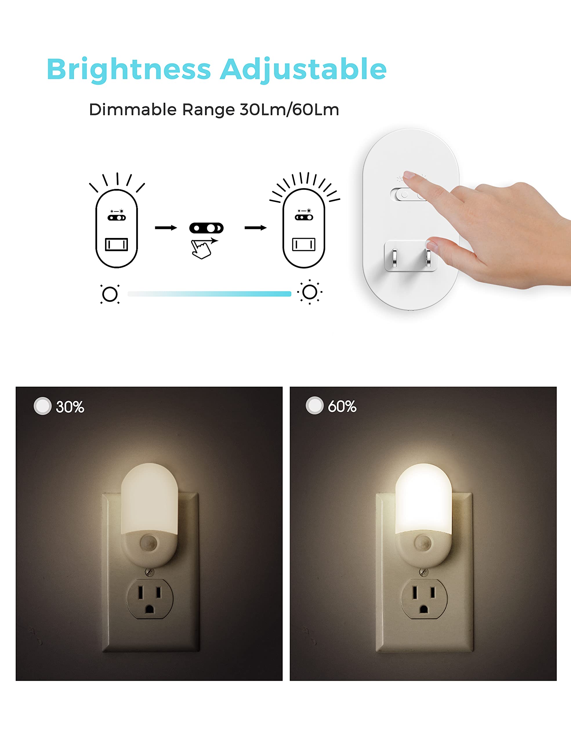 L LOHAS LED Motion Sensor Night Light, [2 Pack] Motion Activated Night Light, Daylight White, Adjustable Brightness, Motion Sensor Light Indoor Plug in for Nursery, Kids, Bedroom, Bathroom Night Light