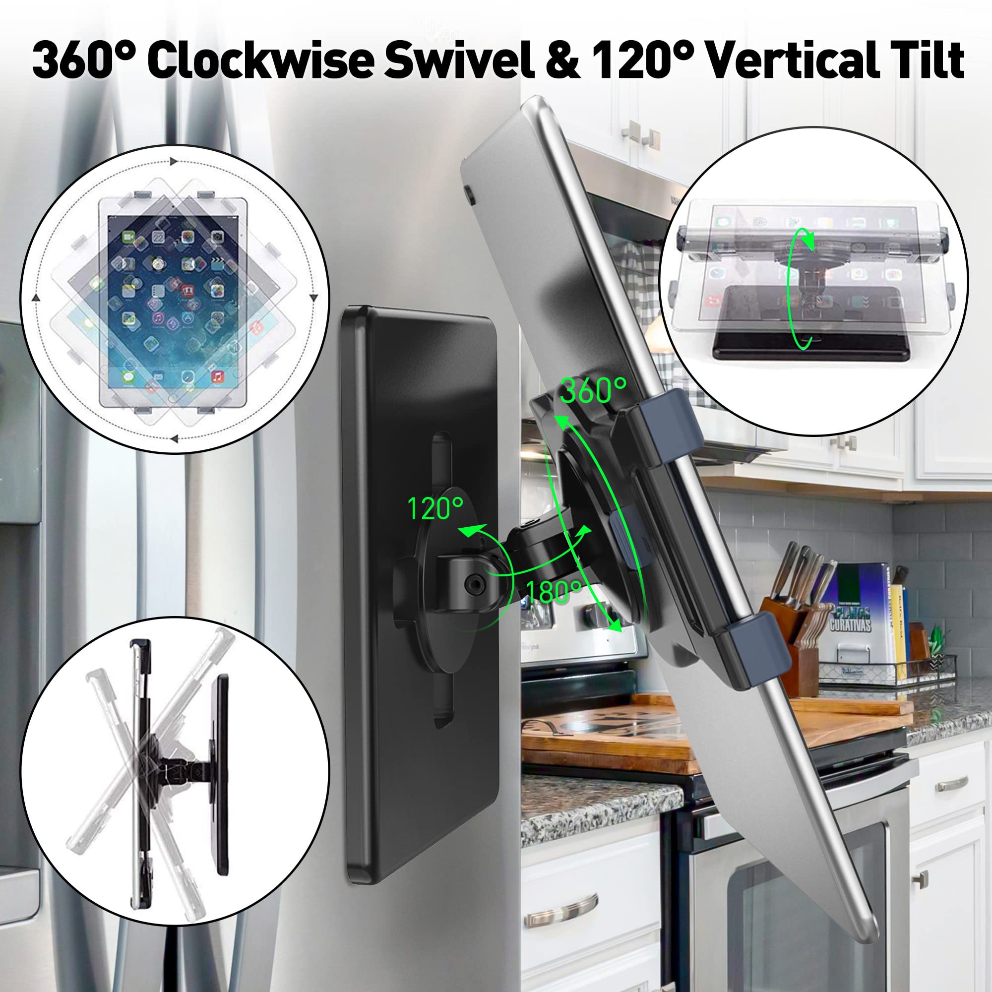 AboveTEK Universal Magnetic iPad Wall Mount, Swivel Holder, 360° Rotating Clamp Fits 6-13" Display Tablets, Strong Attach to Metal Surface on Cabinet Whiteboard Kitchen Fridge Steel Car Chasis