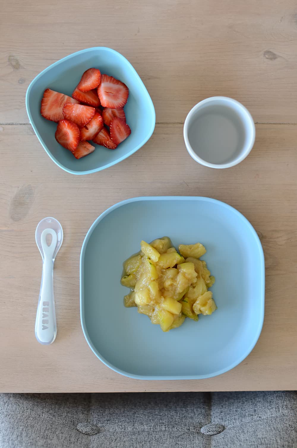 BEABA Silicone 4 Piece Baby Feeding Set, Suction Plates for Baby, Includes Plate, Bowl, Cup, 2nd Stage Silicone Spoon, High Grade Food Safe Silicone, Rain
