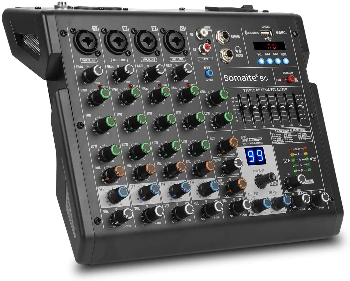 8-Channel Mixer 99 Effects 7 Band EQ Bluetooth Studio Audio Mixer for PC Recording Input, XLR Microphone Jack, 48V Power, for Professional and Beginners-Bomaite B8, Black