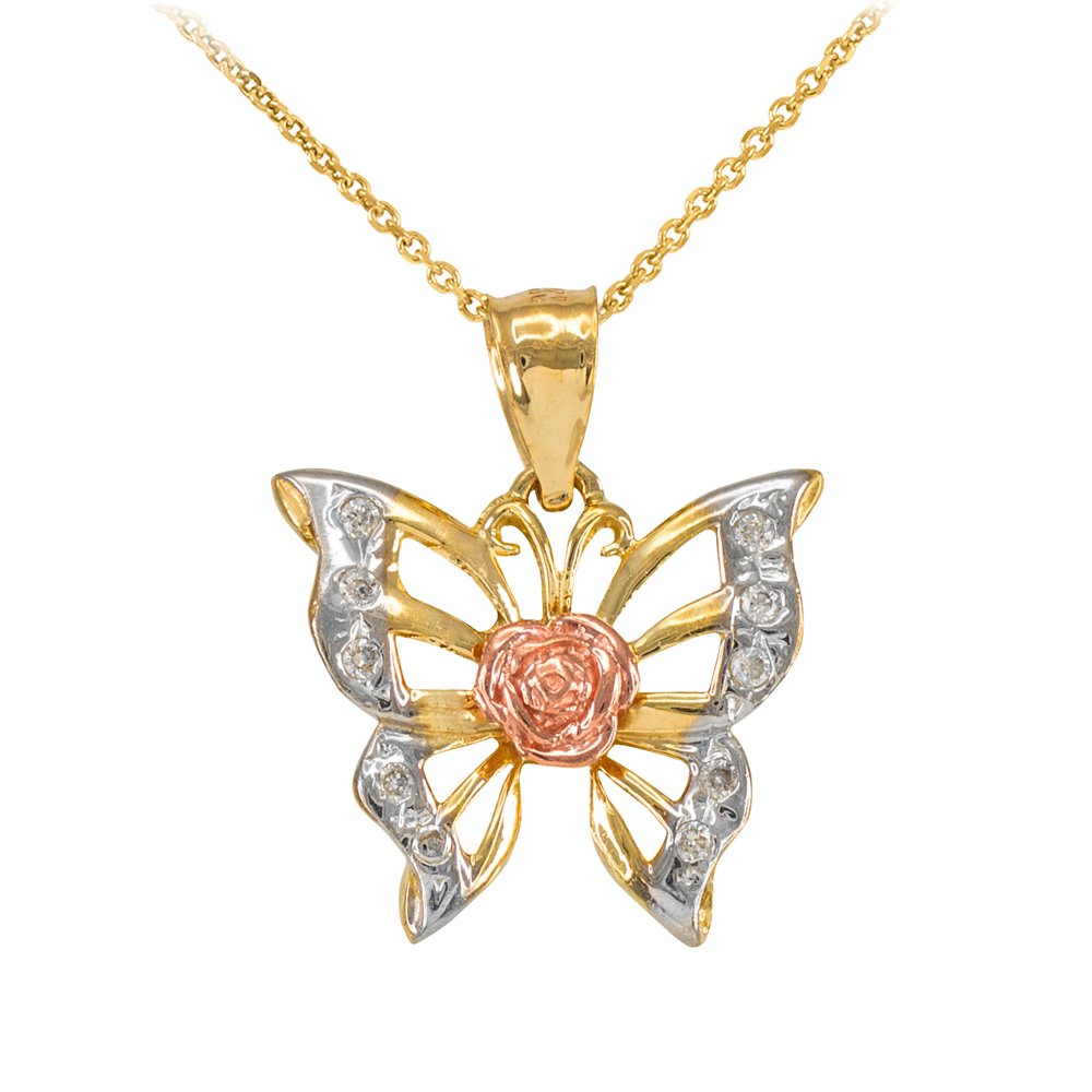 10k Tri-Tone Gold CZ-Studded Filigree Rose Butterfly Pendant Necklace, 18"