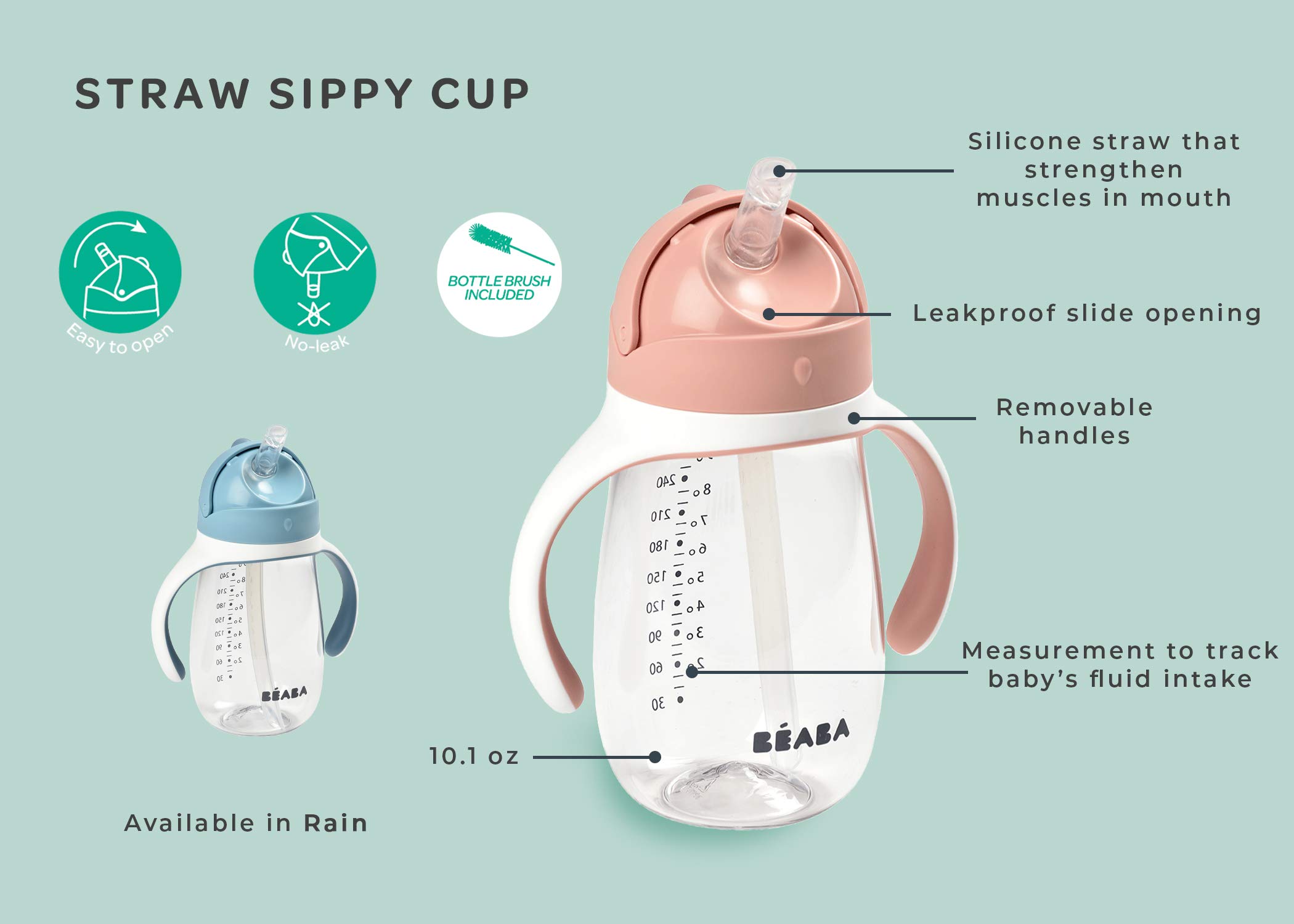 BEABA Straw Sippy Cup, Toddler Baby Straw Cup with Removable Handles, Leak and Spill Proof, BPA Phthalate Free, 8+ months, 10 oz, (Rain)