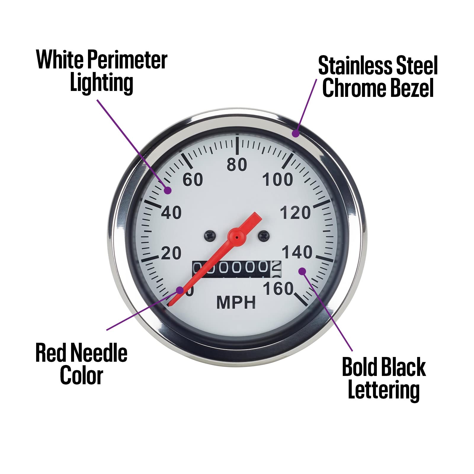 5-Gauge Set Complete Kit: 3-3/8" Mechanical Speedometer, 2-1/16" Component Gauges with White Face, Red Pointer & Chrome Bezel, Includes Tubing, Adapters, Fuel Level Sender