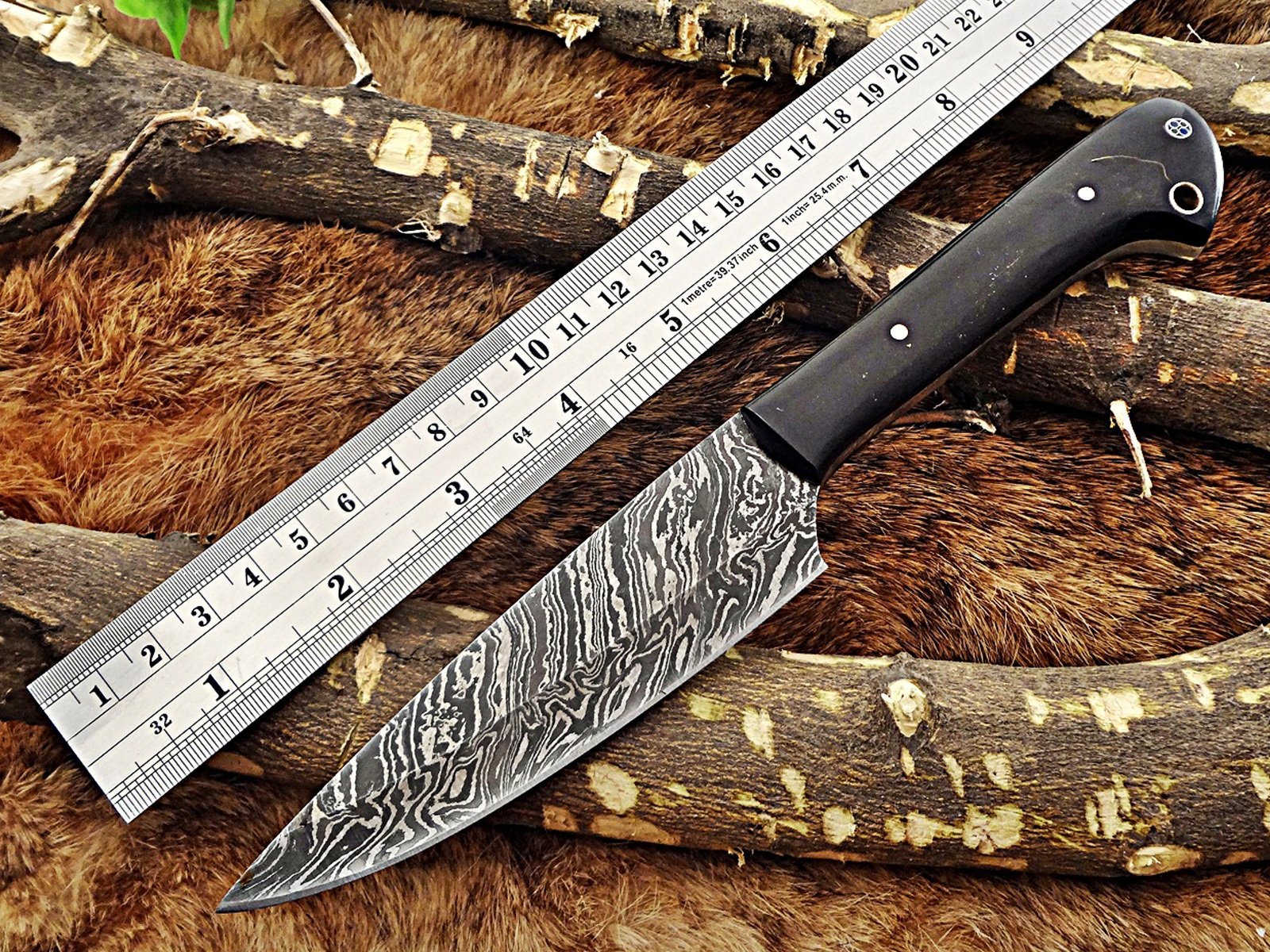 8.5 Inches long custom made Damascus steel hand forged Paring Knife, kitchen knife 4" full tang blade, Natural Buffalo Horn scale inserting hole (Black)