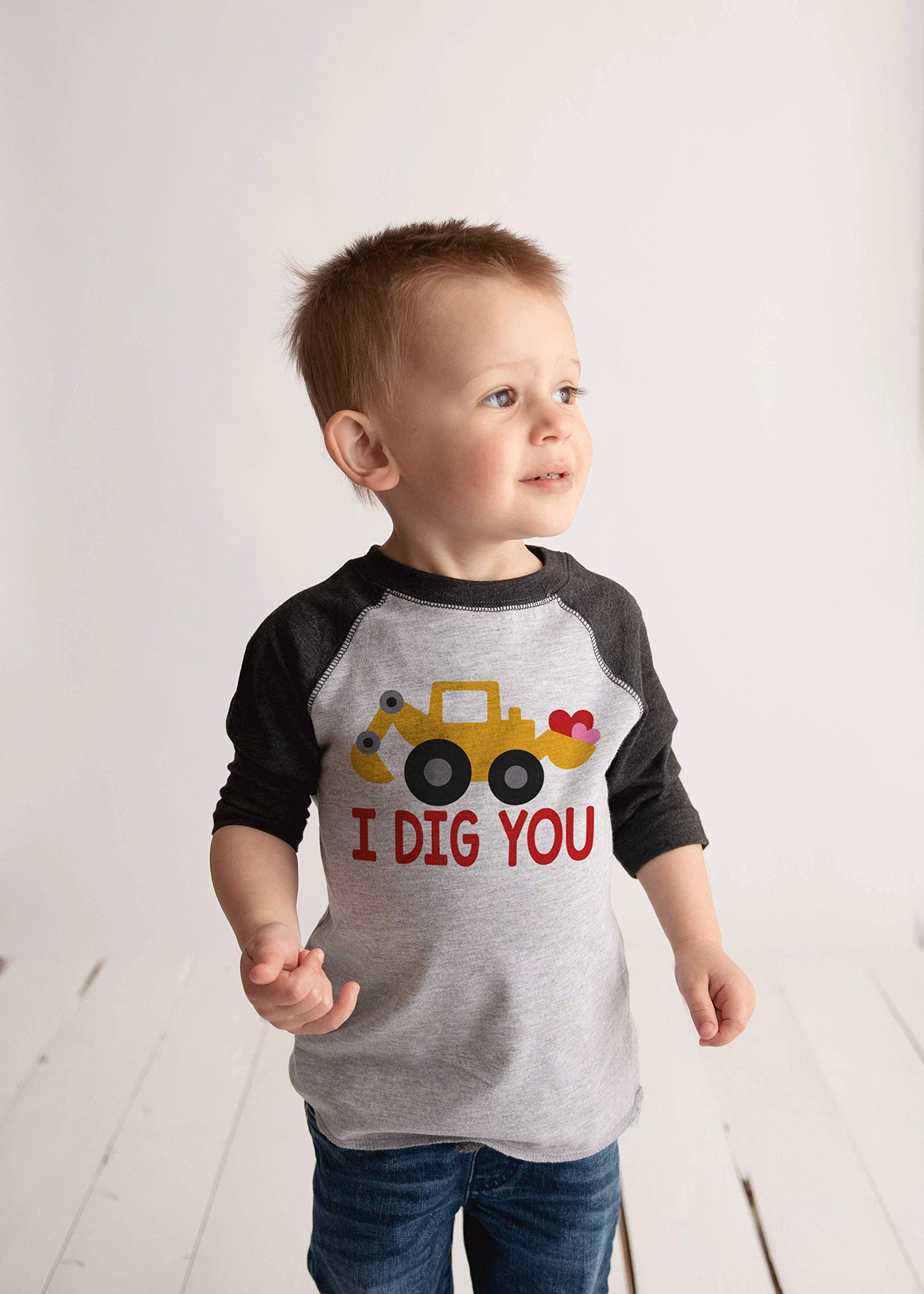 7 ate 9 Apparel Kid's I Dig You Construction Truck Valentine's Day Grey Raglan Shirt 3T