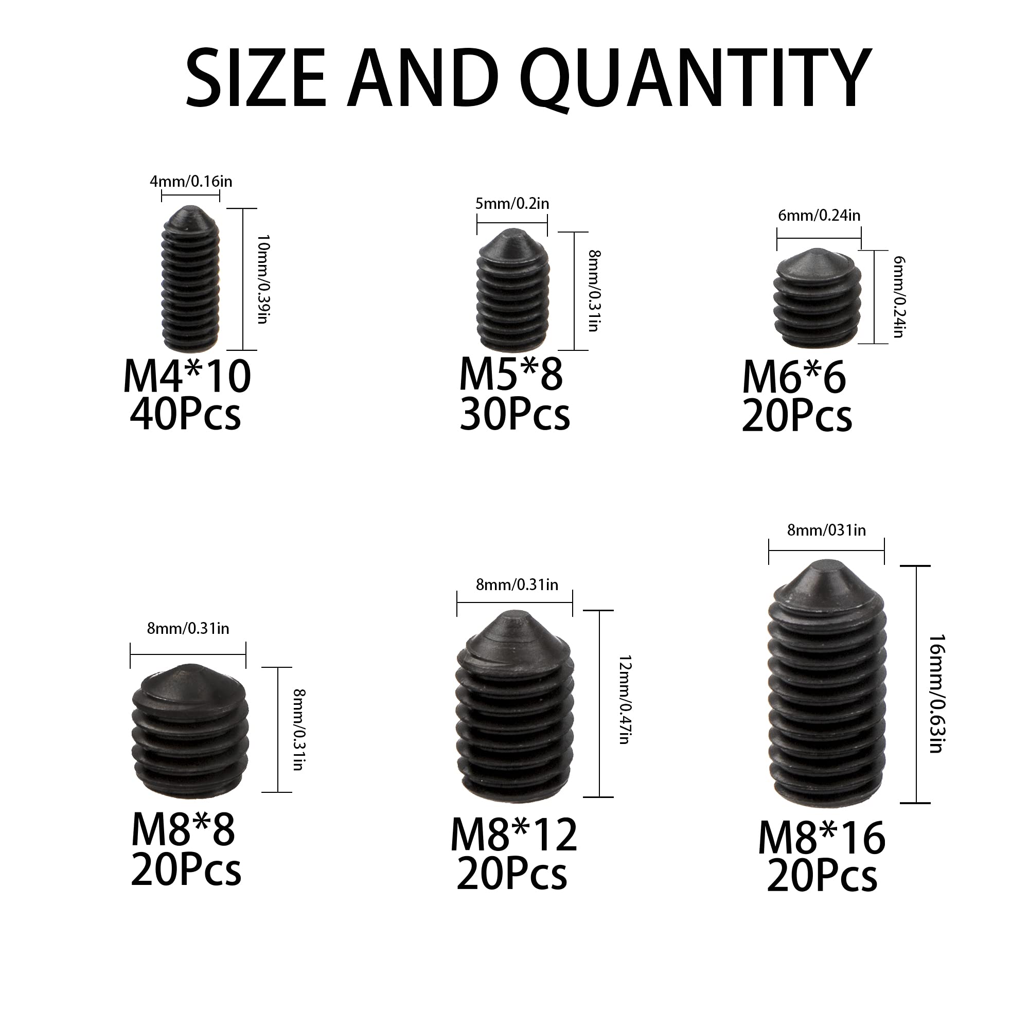 Rrina 150Pcs M4/M5/M6/M8 Hex Allen Head Socket Set Screws Grub Screw Bolts Assortment Kit,12.9 Class Alloy Steel Internal Hex Drive Cup-Point Screws