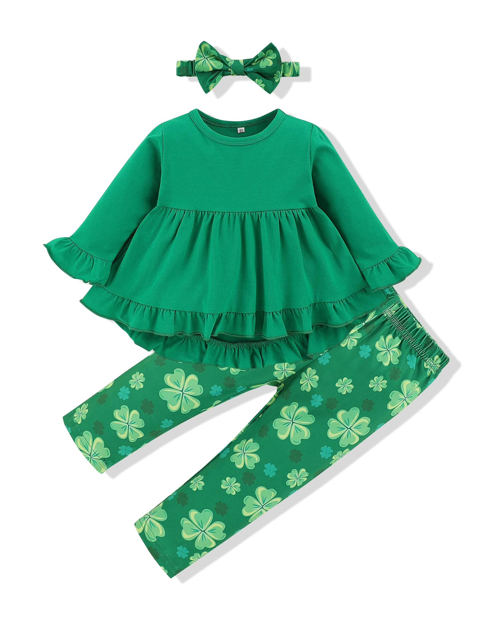 bilison Toddler Baby Girls St.Patrick's Day Clothes Long Sleeve Ruffle Dress Top and Pant With Headband Todder Girl 2Pcs Outfit Sets