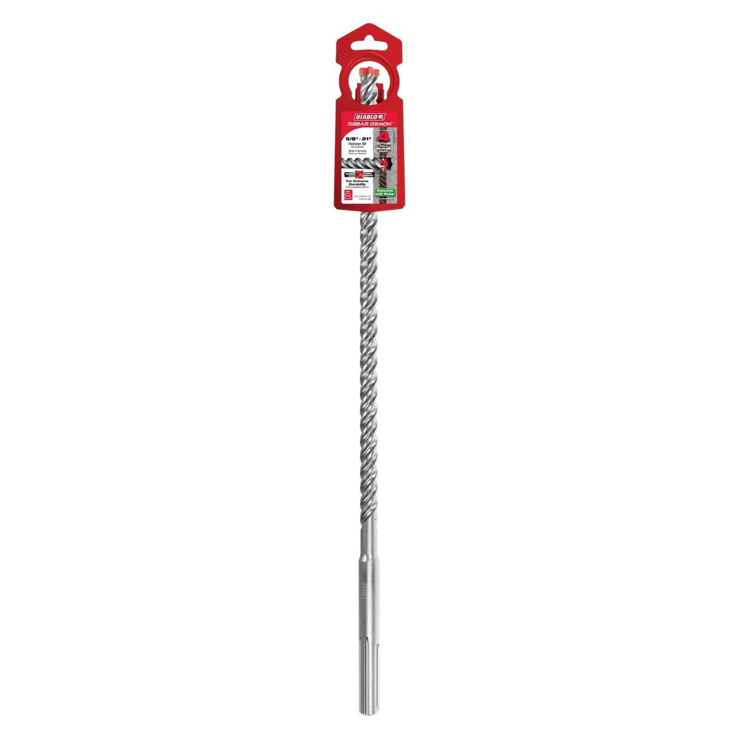 Diablo Rebar Demon SDS-Max 4-Cutter Full Carbide Head Hammer Drill Bit with Tri-Metal Fusion Welding - 5/8" Diameter, 21" Length, 16" Working Length - DMAMX1100