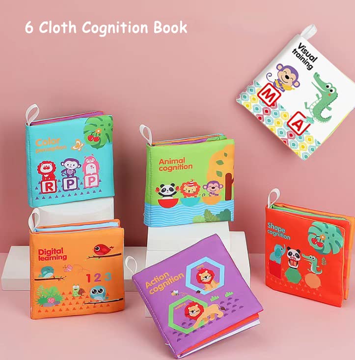 6 Soft Cloth Book Touch and Feel Baby Books Toys 0-24 Months, Crinkle Baby's First Fabric Book Activate Visual & Brain for Newborn, Toddler and Infant Early Education Cognition Busy Book