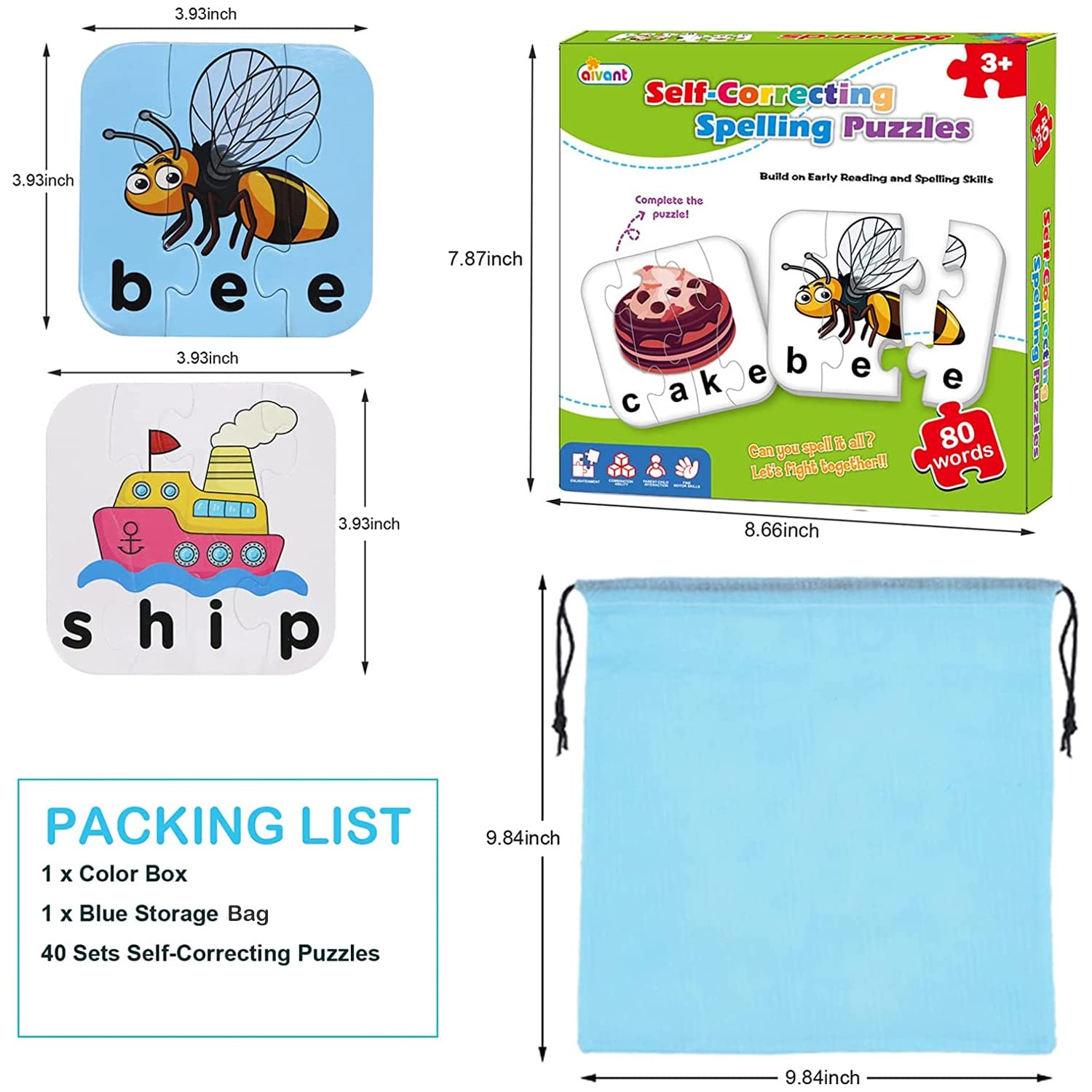 80 Words Self-Correcting Spelling Puzzles, Double-Sided Three and Four Letter Words with Matching Images, Perfect for Preschool Learning