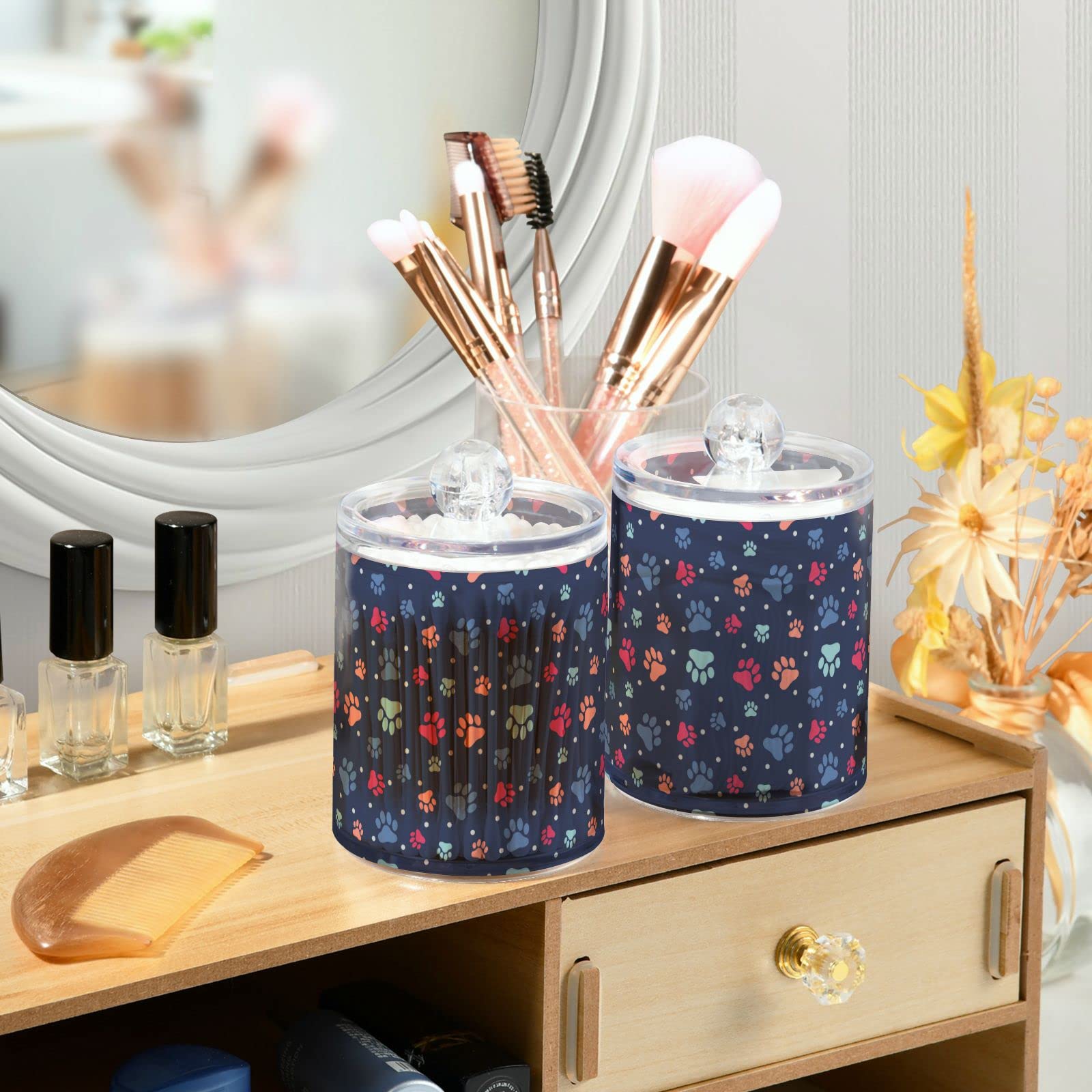 2 Pack Qtip Holder Dispenser Paw Navy Blue Apothecary Jars with Lids Dog Plastic Acrylic Bathroom Vanity Countertop Canister Storage Organizer for Cotton Ball,Swabs,Pads,Floss