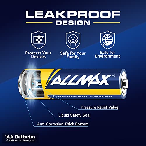 Allmax AA Maximum Power Alkaline Double A Batteries (100 Count) – Ultra Long-Lasting, 10-Year Shelf Life, Leakproof Design, Superior Performance – 1.5V