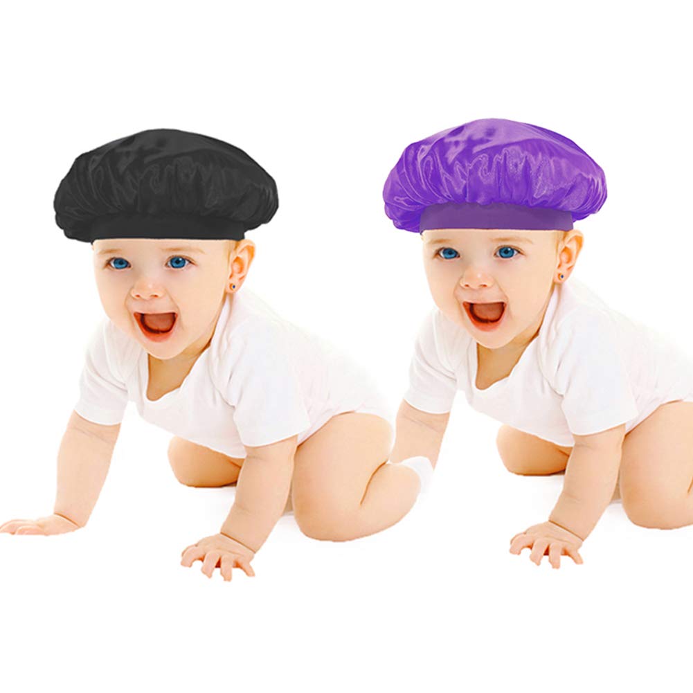 DuoZan 2 Pack Kids Satin Bonnets Night Sleeping Cap Wide Band Shower Cap Bath Hats for Baby Children Toddler (Black+Purple)…