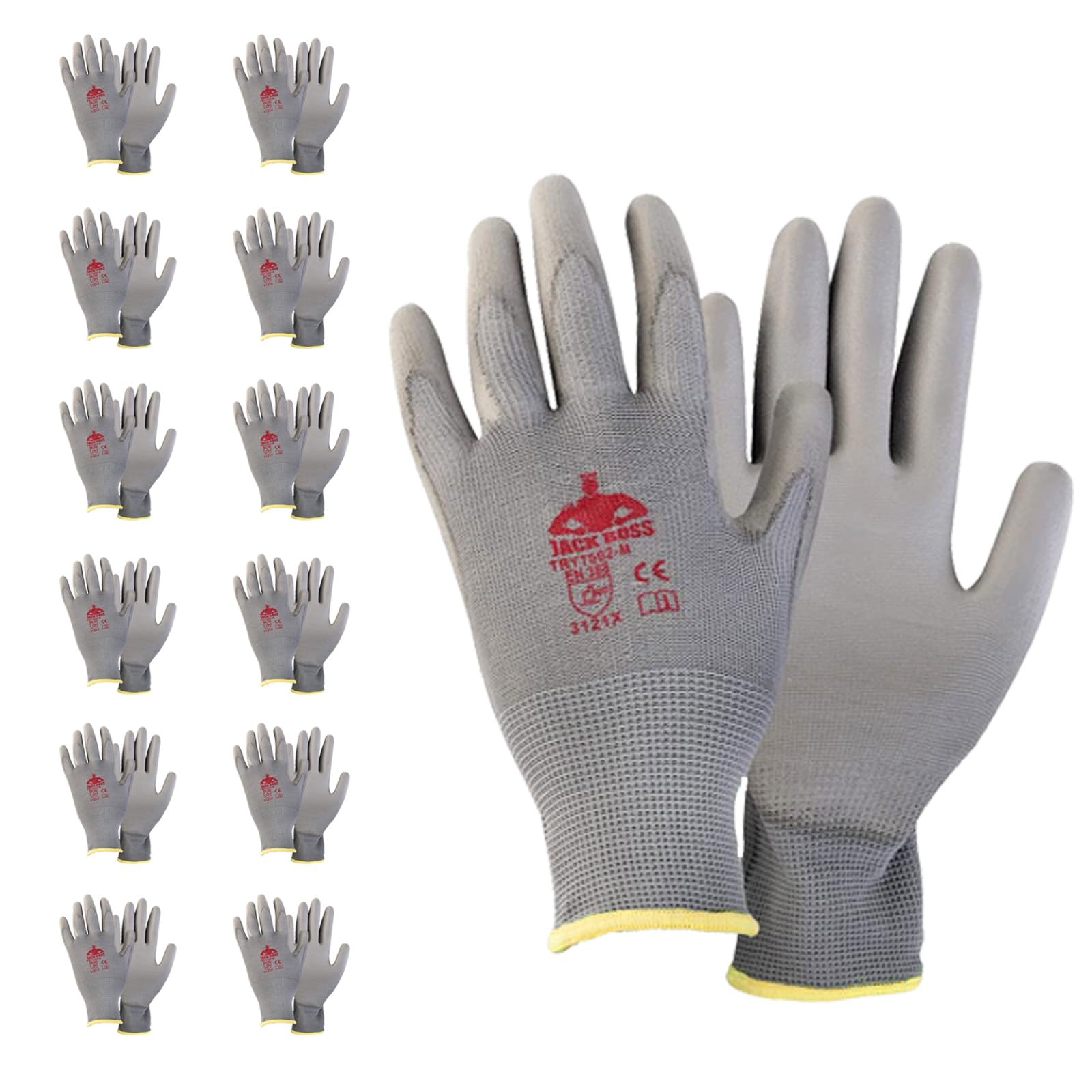 Jack Boss 12 Pack Safety Work Gloves for Men & Women With PU Coated Grip On Palm & Fingers Seamless Knit Working Gloves for Light Duty Works,Gardening