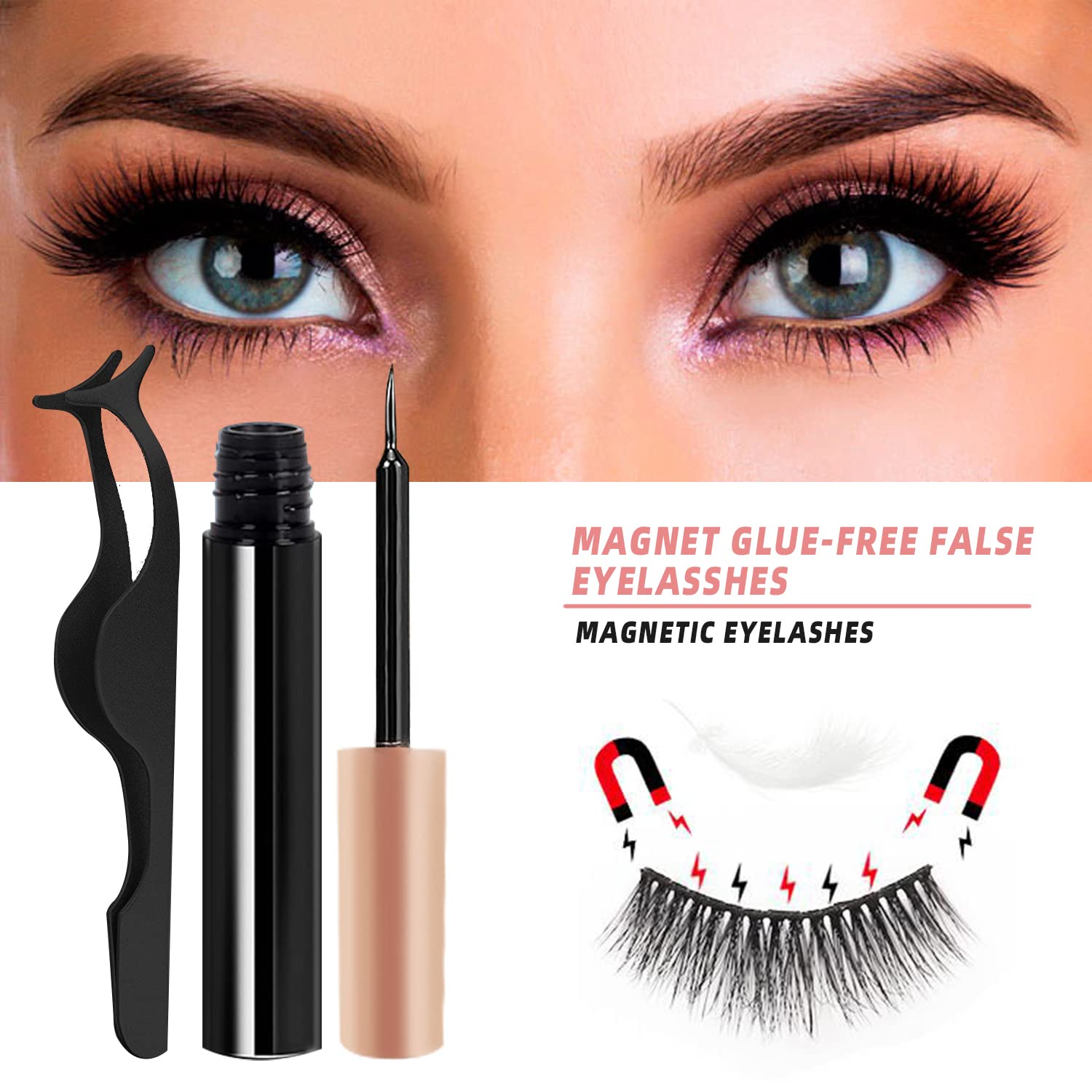 Magnetic Eyelashes Kit with Eyeliner, Magnetic Lashes Natural Looking 10 Pairs , 2 Pcs Magnetic Eyeliner, Reusable 3D False Eyelashes Lashes Pack, With lash tweezers,No Glue! Eyelashes Magnetic