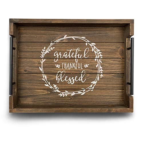 Rustic Ottoman Tray - Large Rectangle 17x13” Wooden Serving Coffee Trays with Metal Handles for Home Decorations Vintage & Farmhouse Style, Table, Kitchen, Living Room, Breakfast (Natural)