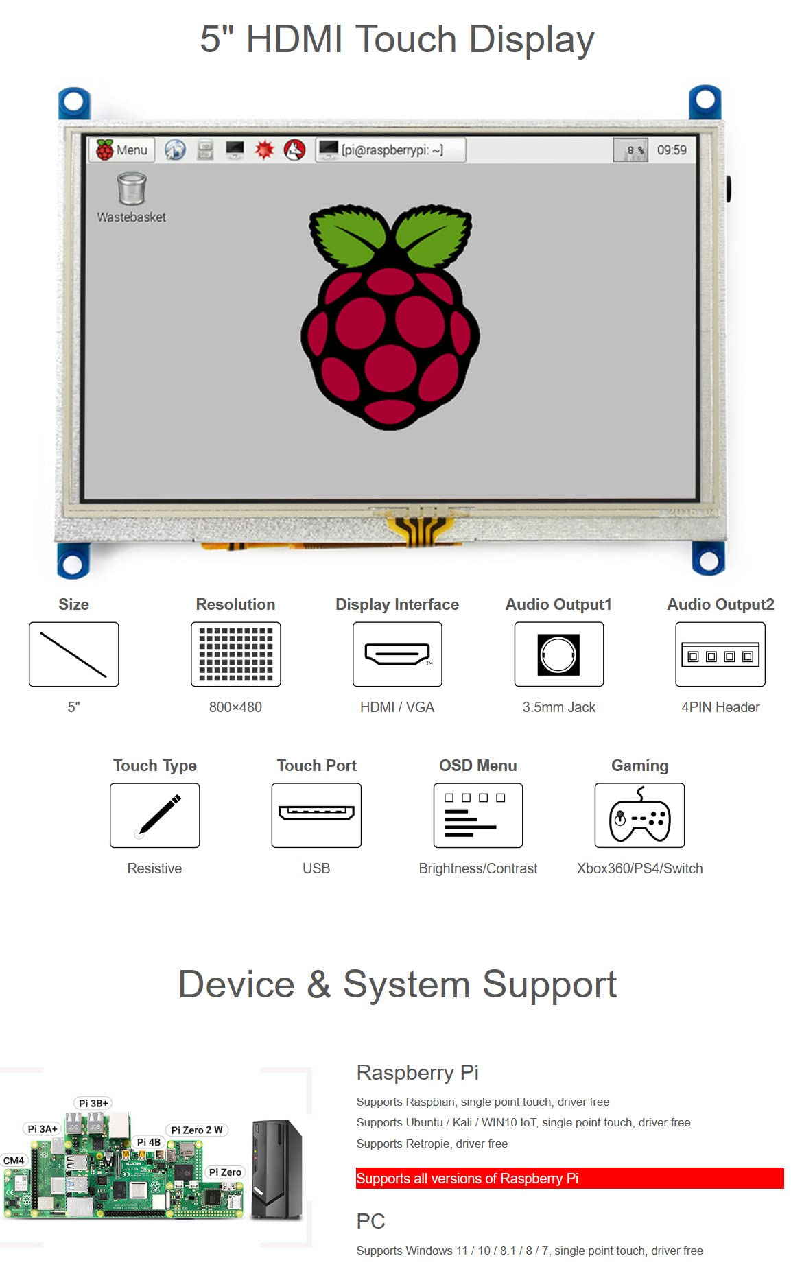 5inch 800x480 Resistive Touch Screen LCD Display Monitor HDMI Interface Supports Raspberry Pi 4 3 2 Model B A+ B+ BB Black Banana Pi Supports Game Console XBOX360 Sony PS4 Nintendo Switch @XYGStudy