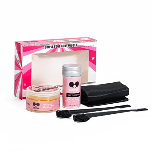 Edge Control Wax Hair Wax Stick for Wigs - Strong Hold, Non-greasy Styling Set with Fly Away Control, Brush, and Scarf (Black, 2.7oz+2.7oz)