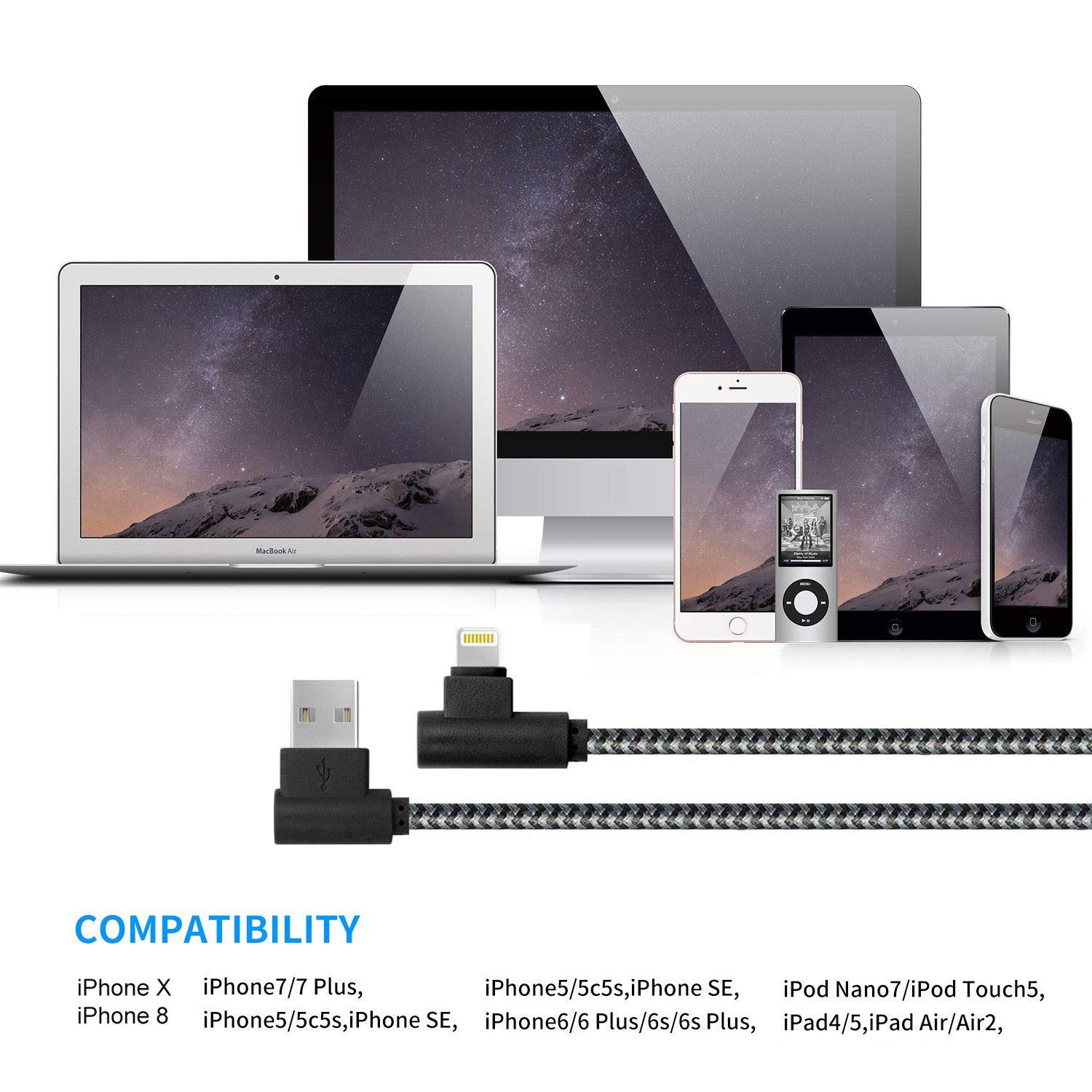 APFEN 3 Pack 10FT/3M [The Most Durable Cable] 90 Degree Charging Cable Extra Long Nylon Braided Certified Cable Compatible with iPhone 12/11/Xs Max/XS/XR/X, 8 7 6 (Black Gray, 10FT)