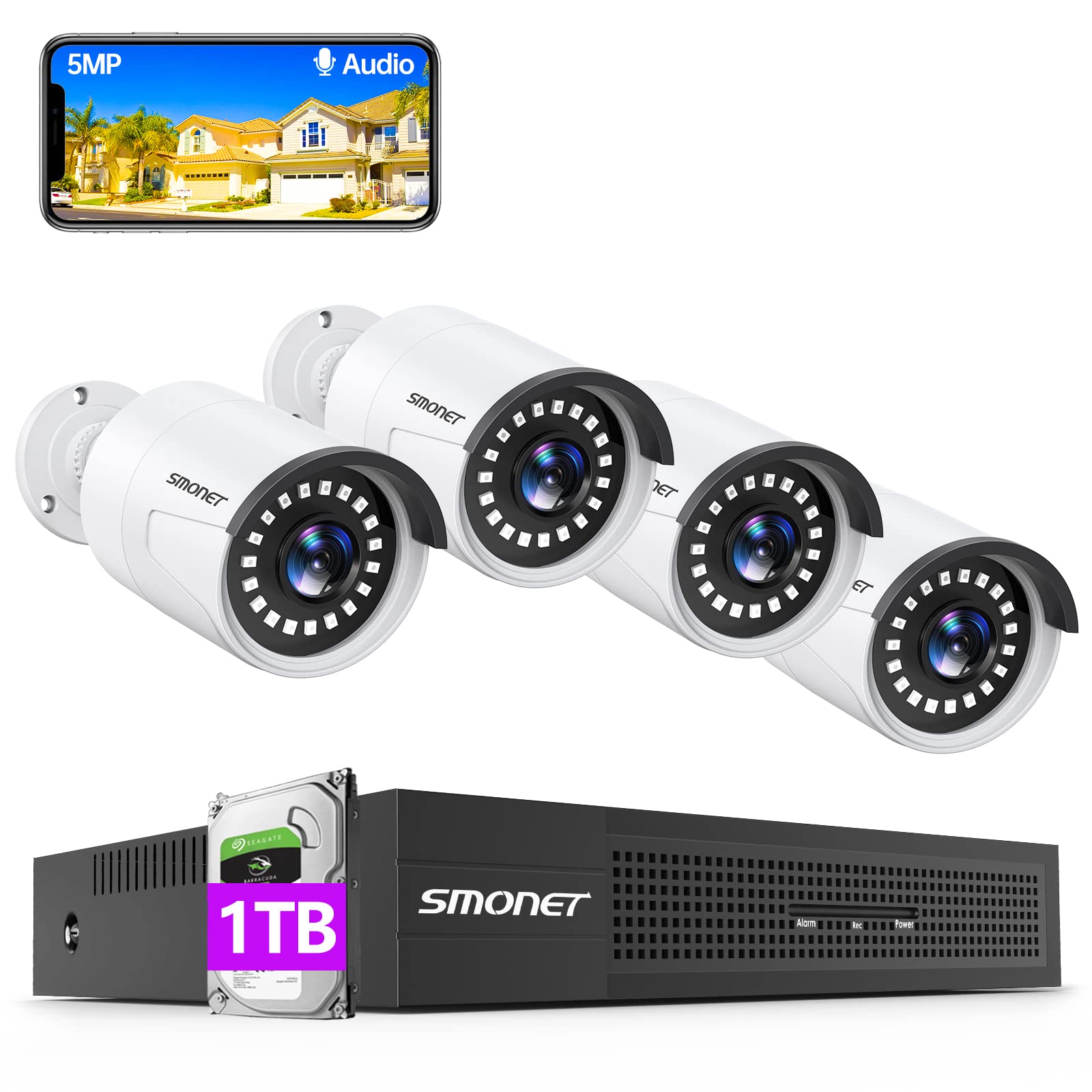5MP PoE CCTV Cameras Security System with AUDIO 1TB Hard Drive, SMONET 8CH Home Surveillance NVR Kits, Clearer Than DVR, 4pcs Wired Indoor Outdoor IP Cameras AI Human Detection Night Vision,Free APP