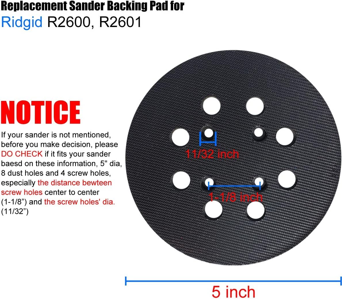 2 Pack 5 Inch 8 Hole Hook and Loop Sander Pad for Ridgid R2600, R2601 5" Random Orbit Sanders - Replacement Backing Sanding Pad for Pad Part Number 300527002