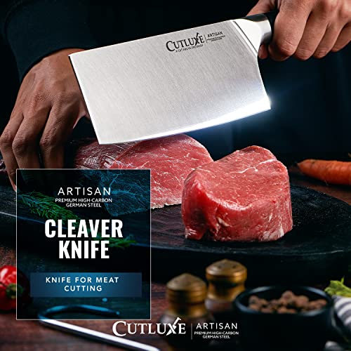 Cutluxe Cleaver Knife - 7" Meat Cleaver, Butcher Knife for Meat Cutting β Razor Sharp German Steel Blade β Full Tang Ergonomic Handle Design β Artisan Series