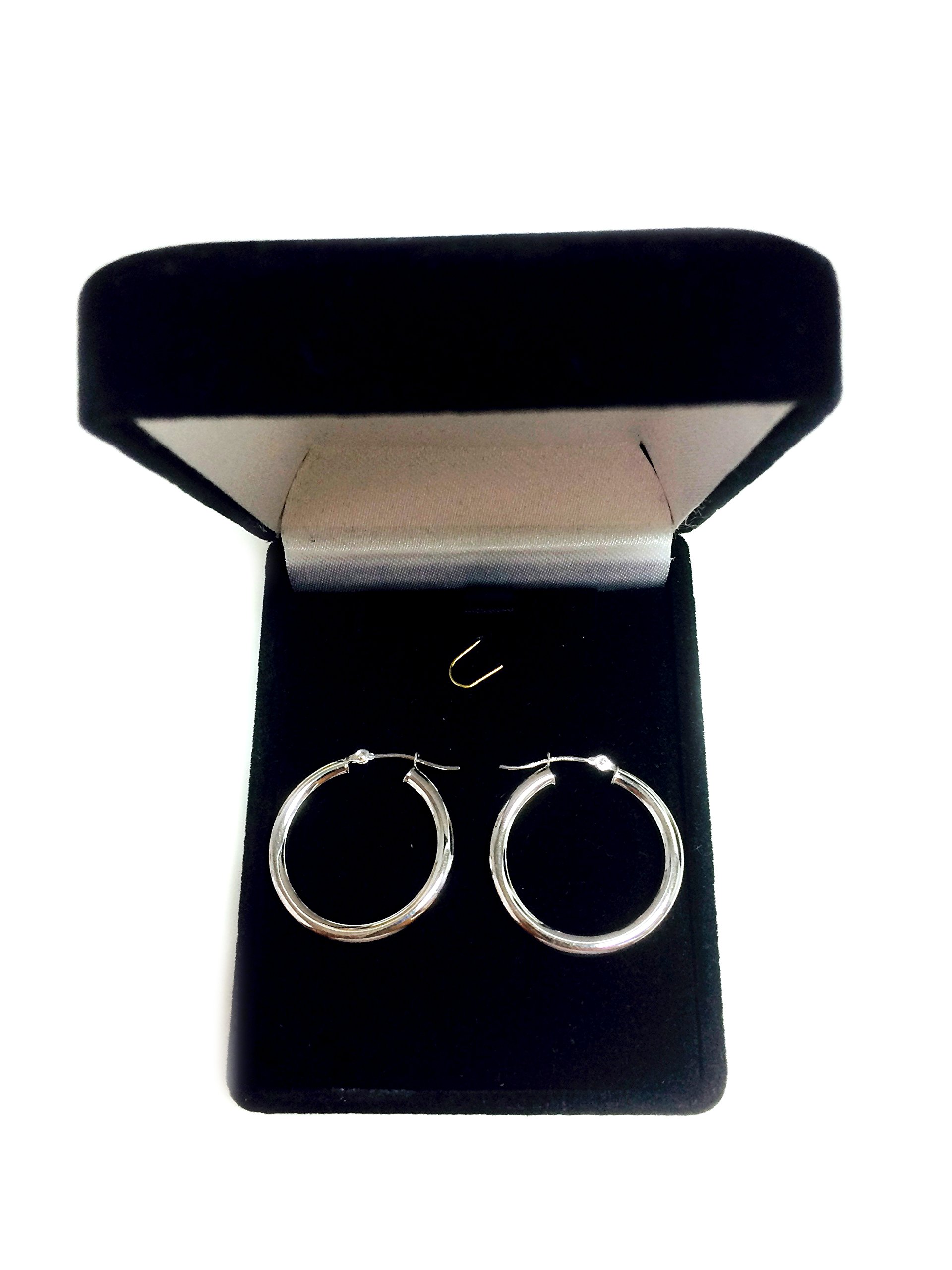10k White Gold 3mm Shiny Round Tube Hoop Earrings, Diameter 25mm